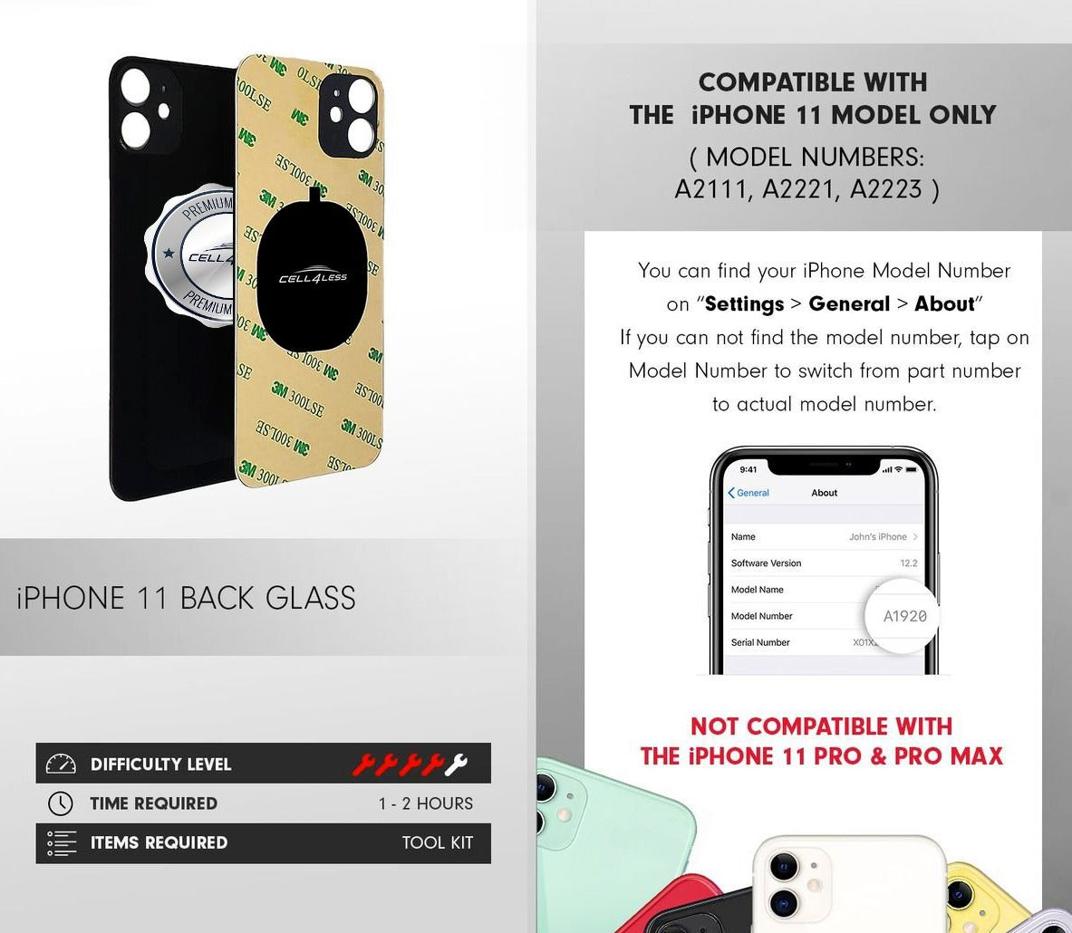 iPhone 11 Back Glass W/Full Body Adhesive, Removal Tool, and Wide Came ...
